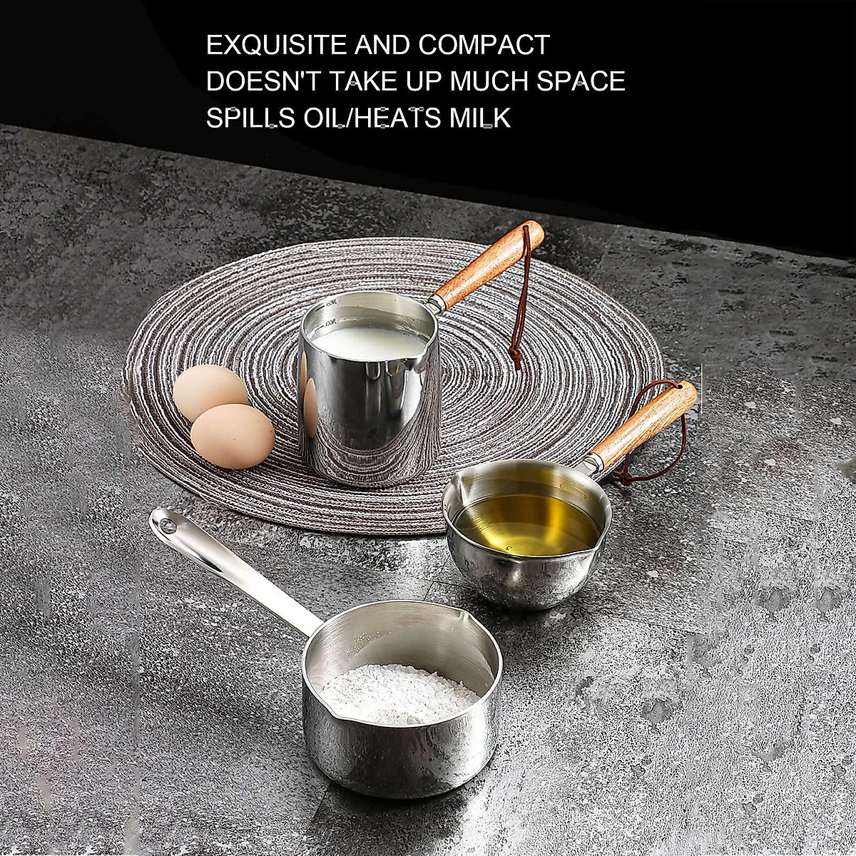 450ml/15oz Turkish Warmer Coffee Pot, Stainless Steel Coffee and Butter Warmer, Milk Warmer and Milk Pot with Spout Mini Butter Coffee Milk Pot Wooden Handle