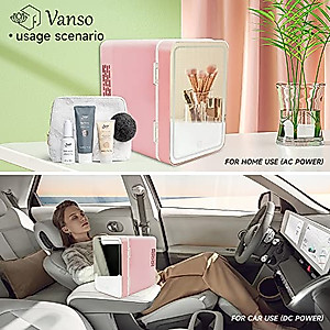 vanso Mini Fridge Portable Small Refrigerator Cooler or Warmer,4 Liter Portable Mini Fridge for Makeup, Skincare, Snacks, & More,Mini Mini Fridge for Bedroom or Vanity with Lighted Glass Surface, Pink