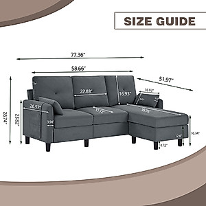 Pingliang Home Sectional Sofa Couches for Living Room, Convertible L Shaped Sofas 3-Seat Modular Couch with Reversible Chaise, Modern Linen (Dark Grey)