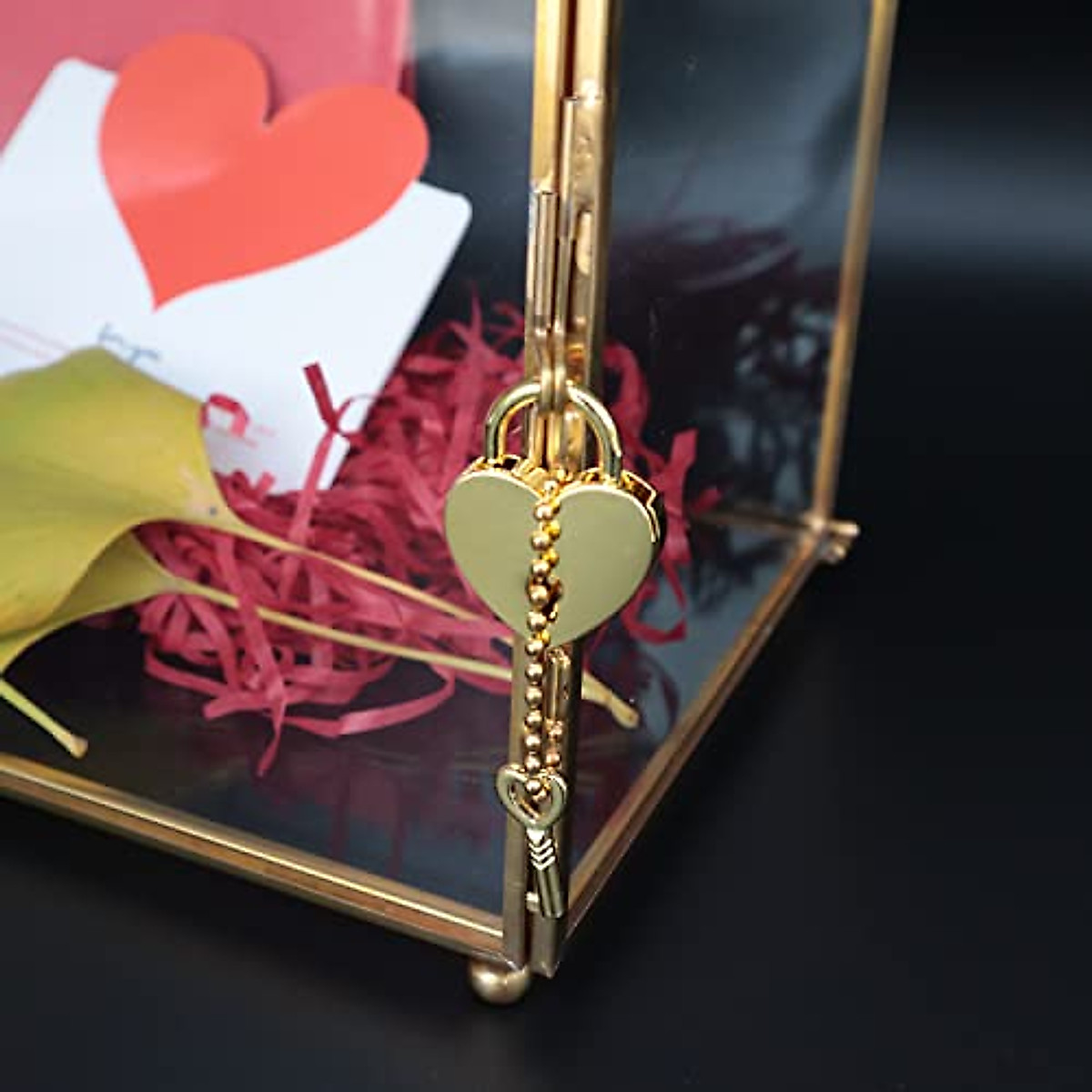 QLQSIMON 10.2'' Handmade Gold Geometric Terrarium - Glass Wedding Card Box with Slot and Lock- Large Clear Display Box for Wedding Reception, Wishwell, Keepsake