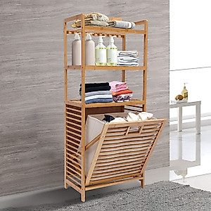 Bamboo Laundry Hamper, Fold Laundry Hamper, Laundry Room Shelves With Rope Handles, Natural Stain Bamboo, Four Layers Storage Basket 19.7"L*11.8"W*46.9"H(inch), For Laundry Room, Bedroom