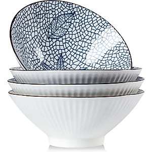 QINLANG 38 oz Japanese Ramen Bowls, Cereal Bowls, Soup Bowls, Pho Bowls, Noodle Bowls, 8 in Blue and White Ceramic Bowls Set of 4, Leaf Pattern