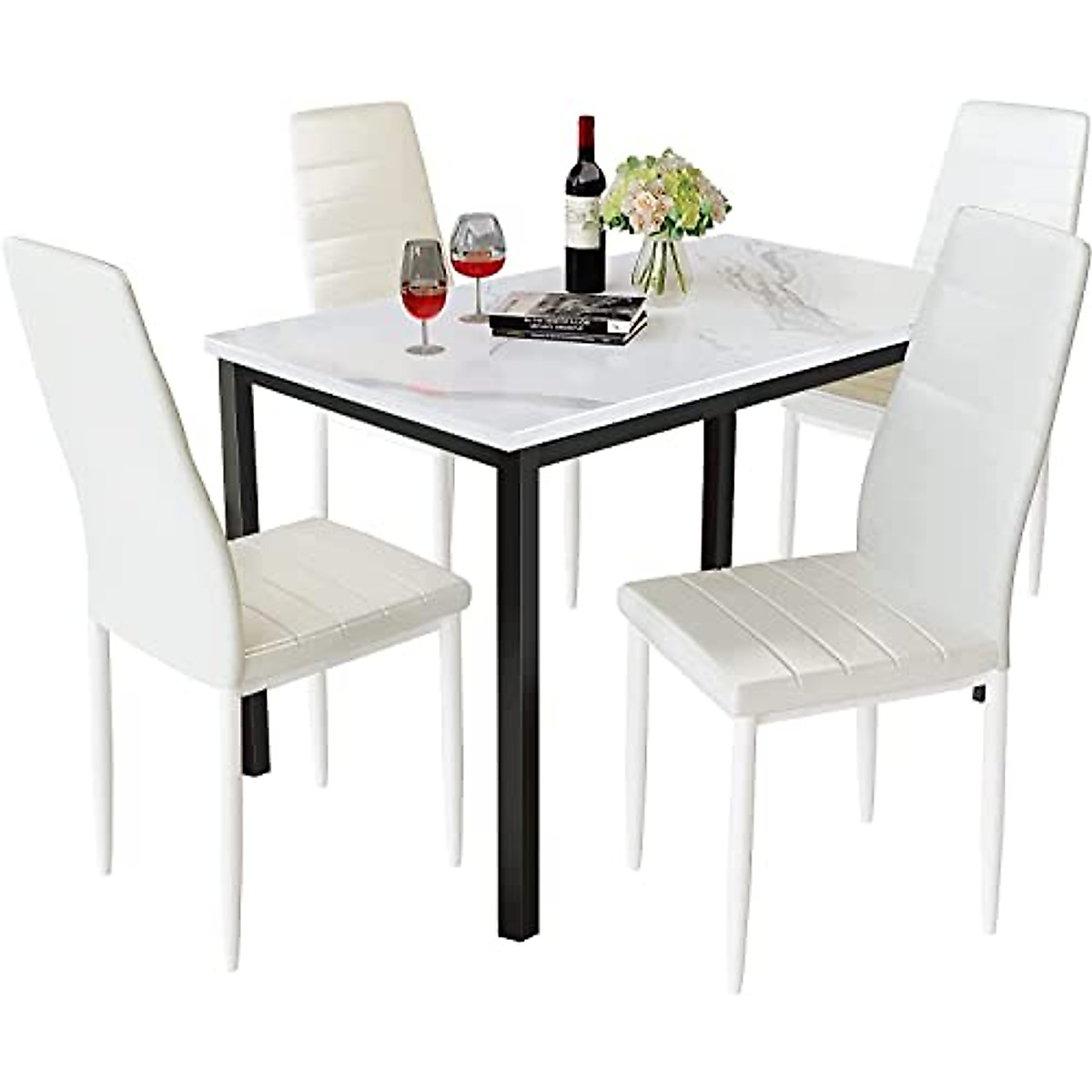 tantohom Marble Top Style Dining Table Set for 4, Metal Frame Furniture Kitchen Table and Chairs for 4, Dinette Breakfast Nook Table Set with 4 Pu Leather Chairs for Dining Room…