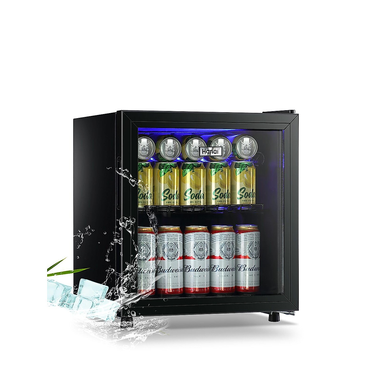 Beverage Refrigerator Cooler 60 Can Cooler Fridge Glass Door for Beer Drinks Wines Juice, 1.6 Cu. Ft Adjustable Shelves Blue LED Lights and User Friendly Temperature Knob for Home Office Dorm Bar