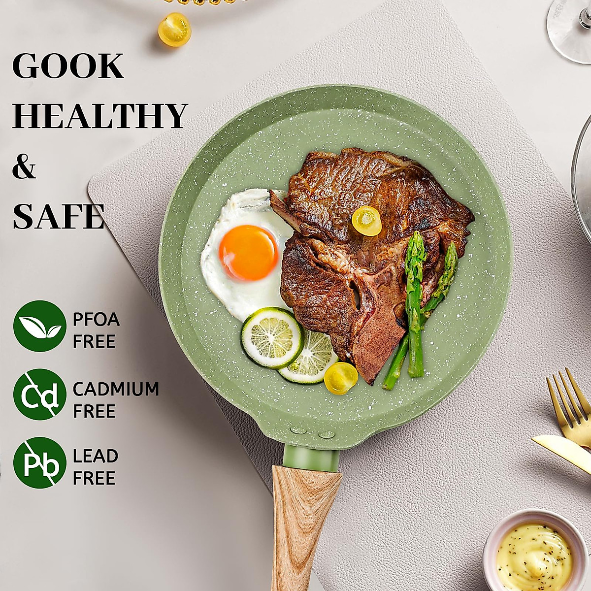 FTNESGYM Egg Pan Frying Pan Set, 7" 8.5" and 10" 3 Pieces Nonstick Crepe Pan Set, Omelet Pans, Flat Pan for Tortillas, Omelette, Pancake, Gas Stove Induction Compatible (Green)