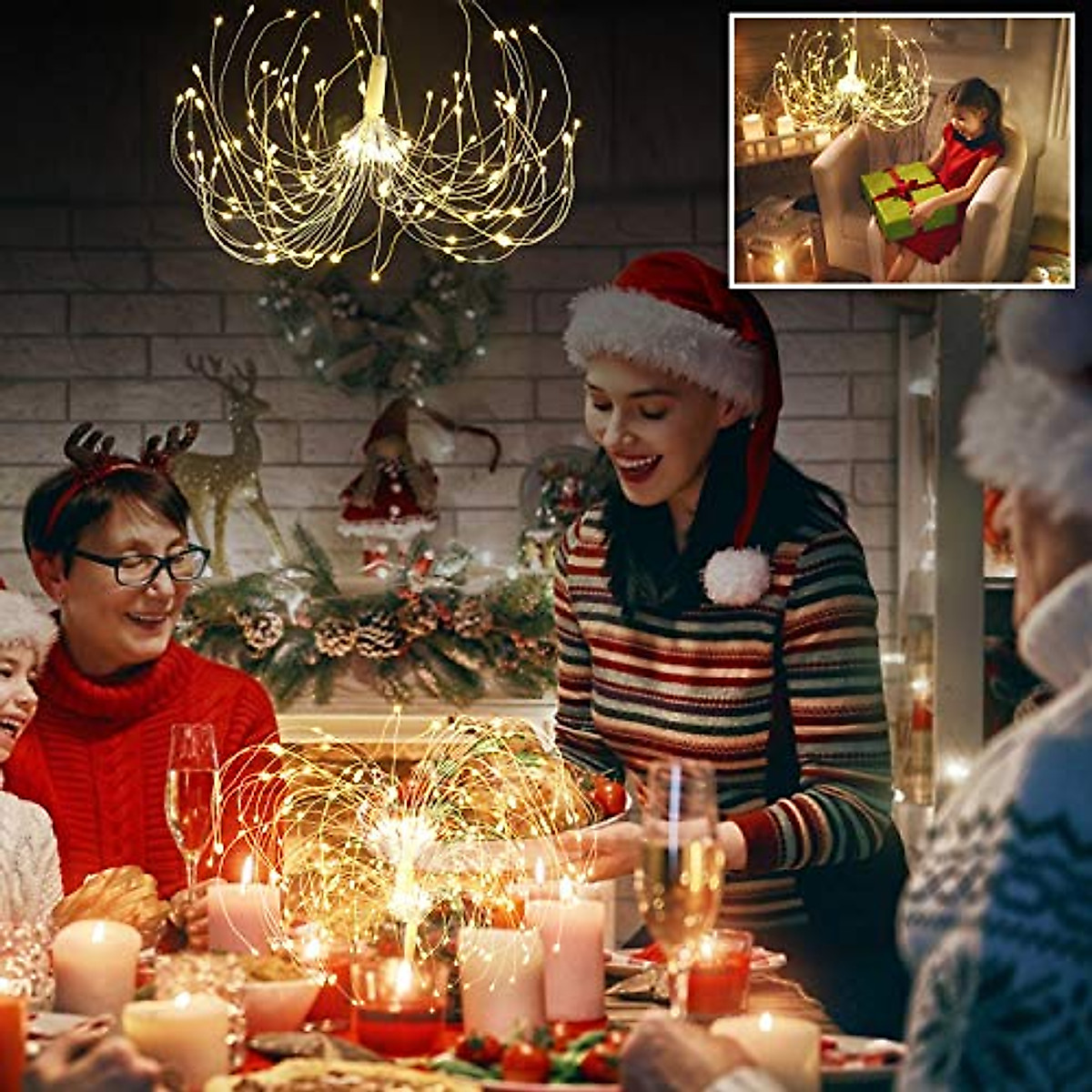 HEAGEERO Outdoor Battery Operated Chandelier 2 Pack,Firework Lights Starburst Light 180 LEDs,Ceiling Hanging Decorative for Party Christmas,Indoor Using