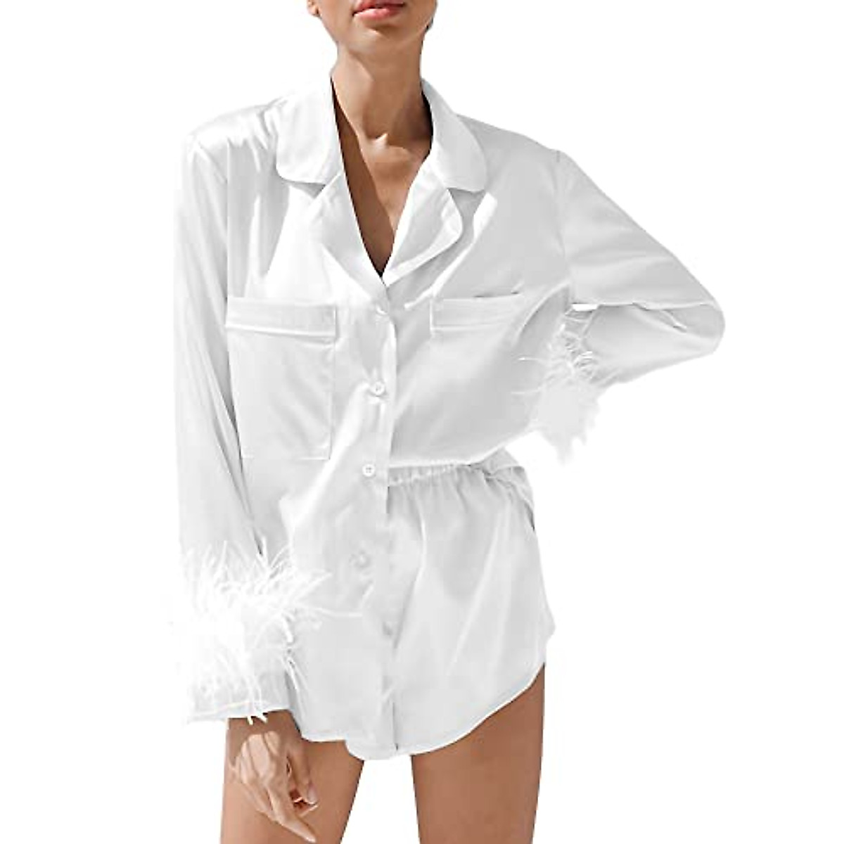Women 's 2 PCS Feather Silk Pajamas Set Long Sleeve Buttons Down Shirt Top Short Pants Sleepwear PJs (White, Small)