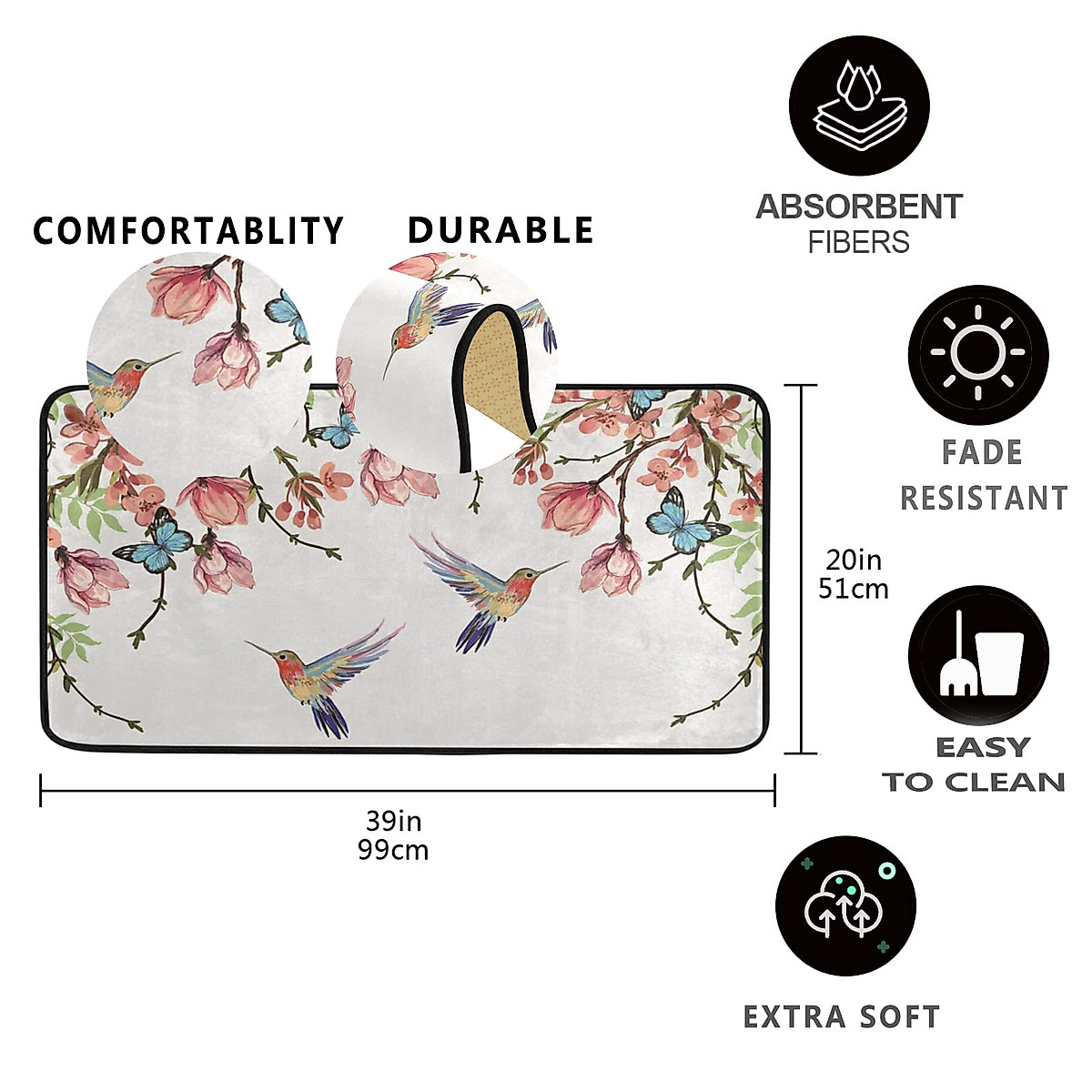 Hummingbird Kitchen Mats 39 X 20 Inch Butterfly Kitchen Floor Mat Anti Fatigue Comfort Kitchen Rug Non Slip Oil Stain Carpet for Home Bath Outdoor Decor