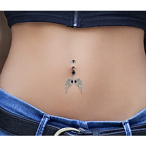 Dark Blue Gemstone Fancy Angel Wings with Floral Dangling Design 925 Sterling Silver with Stainless Steel Belly Button Navel Rings