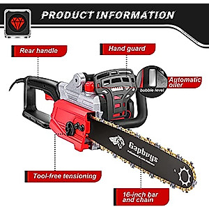 Electric Chainsaw Corded 16 Inch Electric Chain Saw, 9 Amp Corded Chainsaw Pruning Saw with 5m Wire, Tool-Less Chain Tension Electric Chainsaw for Cutting Trees, Wood, Garden and Farm