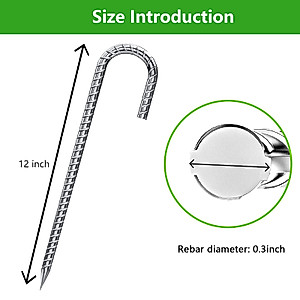 Rebar-Stakes-12-Inch-Galvanized, J Hook Rebar Stakes 6 Pack Ground Anchors Tent Stakes Heavy Duty for Plants Anti-Rust Landscape Fabric Stakes Artificial Turf