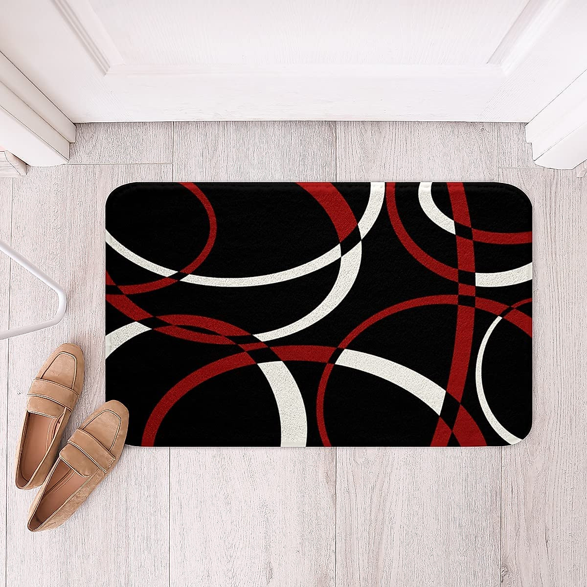 LTAETHC Bath Rugs, Black Red White Abstract Stripes Non-Slip Durable Mat 16" x 24" Geometric Circle Memory Foam Soft Bath Mats Absorbent Mat for Shower Bathroom