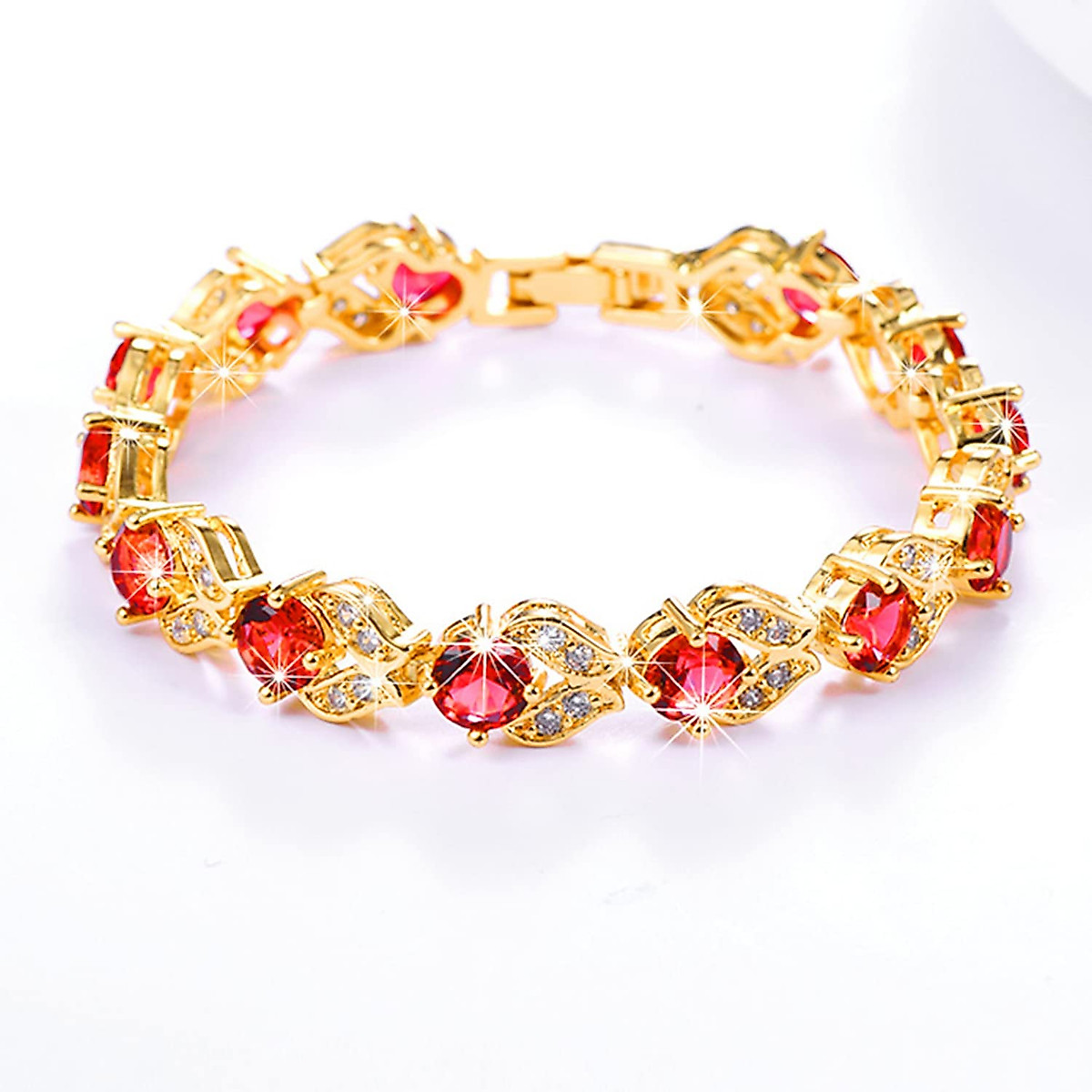 U7 Ruby Tennis Bracelet 18K Gold Plated Wrist Link Red Cubic Zircon Gem Crystal Bracelets for Women Teen Girls, fit Wrist 160-200mm