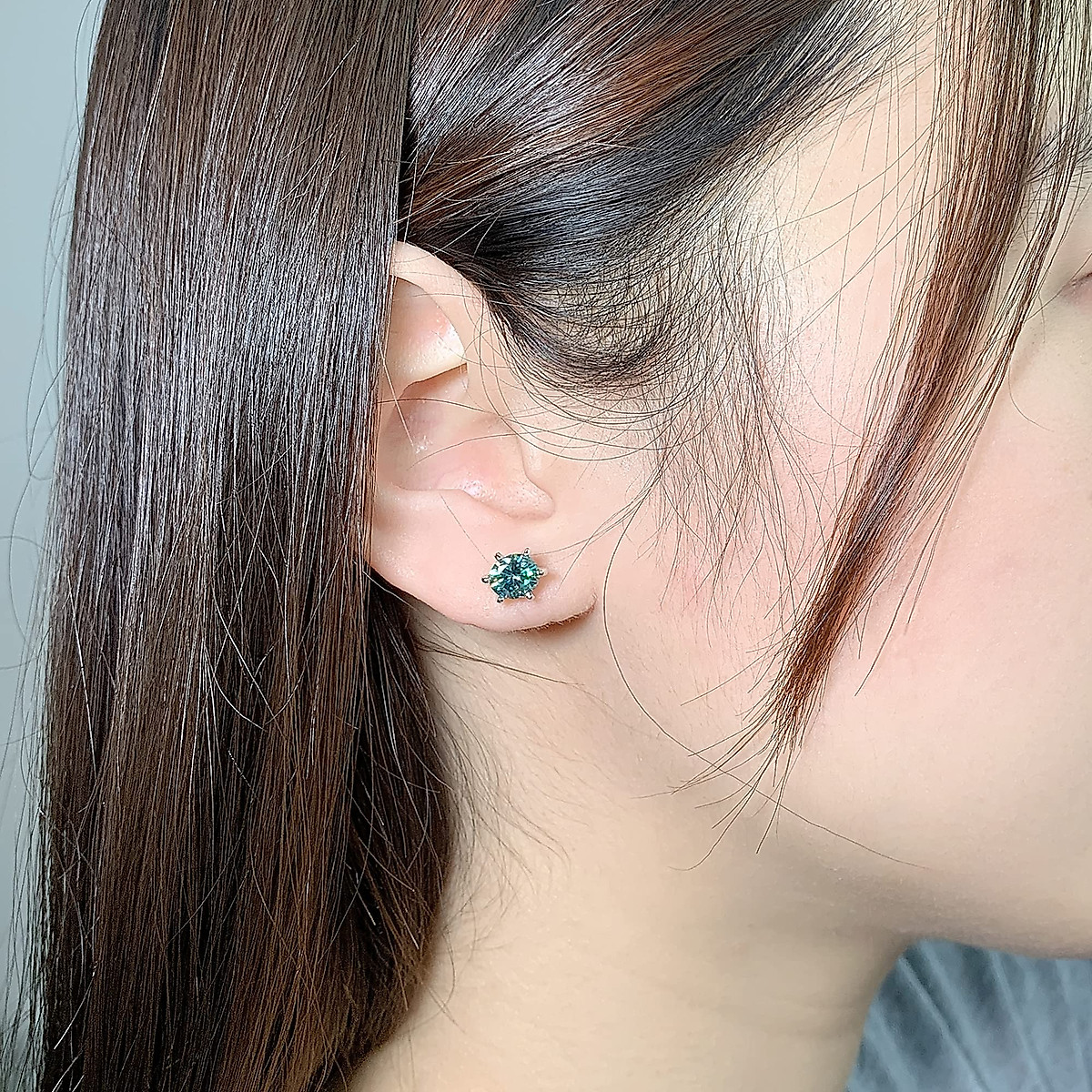 GIGAJEWE Blue Moissanite Stud Earrings, 6.5mm Round Cut Total 2.0CT 18K Gold Plated 925 Sterling Silver Blue Green Lab Created Diamond Earrings for Women Men