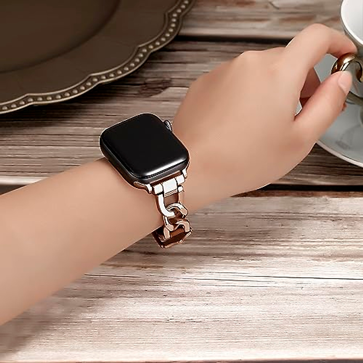 Leather Band Compatible with Apple Watch Band Women 38mm 40mm, Dressy Leather Strap with Cool Chain for iWatch Bands Series 9 8 SE 7 6 5 4 3 2 1 (38, Brown/Rose Gold)