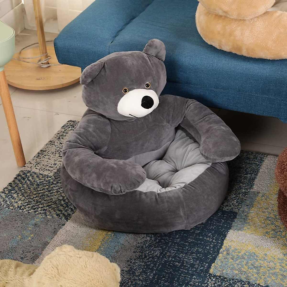 Cute Cuddler Bear Dog Beds, Super Soft Plush Pet Beds, Warming Comfy Calming Dog Bed, Warm Lovely Bear Hug Plush Nest Washable Cat Bed for Small Medium Dogs (Medium, Grey)