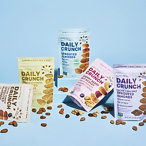 Daily Crunch Sprouted Almonds, 1.5 Ounce Mini, On-The-Go Bags (Variety Pack, 5 Pack) Contains: Original Sprouted, Cherry Berry, Golden Goodness, Cacao and Sea Salt, Coffee Coconut