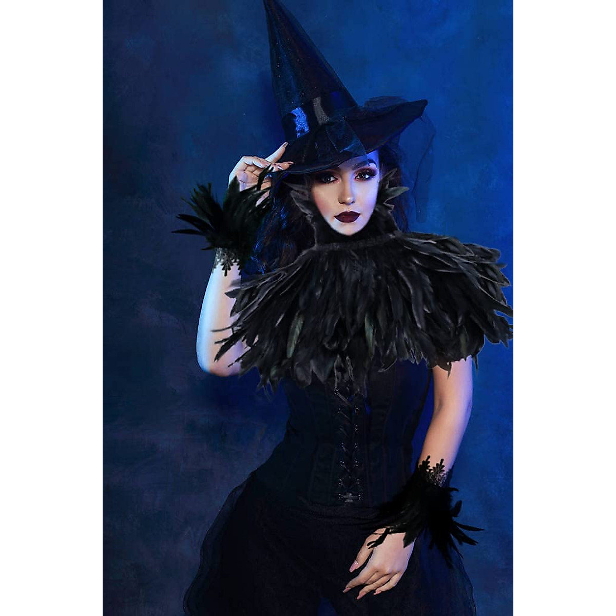 Gothic Real Black Feather Cape Shawl Shoulder Wings Choker Collar with 1 Pair Feather Cuffs, Unisex Fashion Feather Cape Shrug Shawl Stole Poncho, Halloween Cosplay Costume Party for Women Men