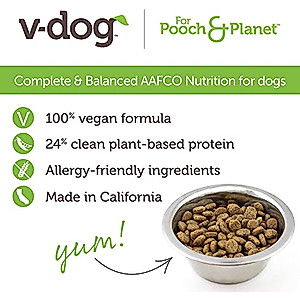 V-dog Vegan Kibble Dry Dog Food (24 LB) | Plant Based Protein with Added Taurine for Sensitive Stomach and Skin | Adult Dog Food | Vegetarian Superfood with Certified Organic Ingredients | Made in US