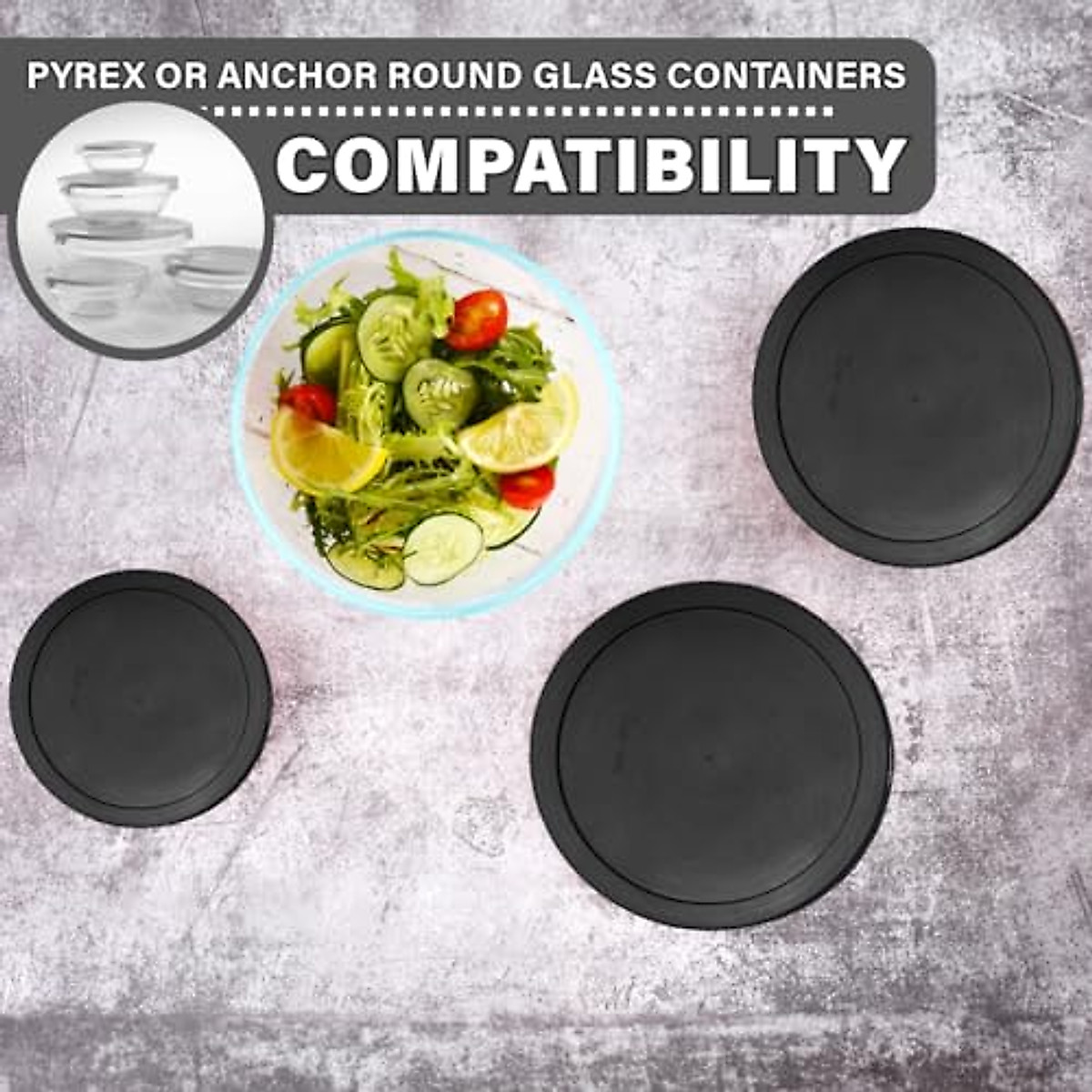 CIBI Food Storage Container Lids (2 Cups, Black - 6PK) Compatible with Pyrex and Anchor Round Glass Containers, Dishwasher and Microwave Safe Replacement Lids