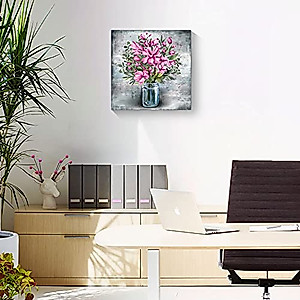 StrLon Bathroom Wall Decor Floral Canvas Wall Art Pink Flower in Blue Bottle Hand Painted Artwork for Kitchen Bedroom Office Ready to Hang Size 14"X14"