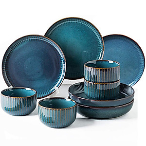 GagalU 15-Piece Stoneware Dinnerware Set, Blue Porcelain Dinnerware Sets, Ceramic Plates and Bowls Dinner Sets, Modern Creativity Reactive Glaze Stoneware Dishes Set