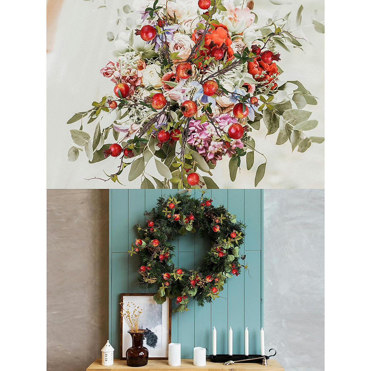 Forlaoers 4pcs 31" Tall Red Berries Pomegranate Faux Plants Stem Fake Tree Branches with Fruits Leaves Artificial Flowers for Outdoors Home Decor Office Fall Wedding Engagement Party Decorations