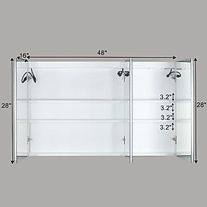 Karl home 48x28 Inch 3-Doors Bathroom Medicine Cabinet with LED Mirror, 3-Color Wall Mounted Dimmable Bathroom Cabinet with 3-Tier Storage Shelves, Anti-Fog, USB Charge, White