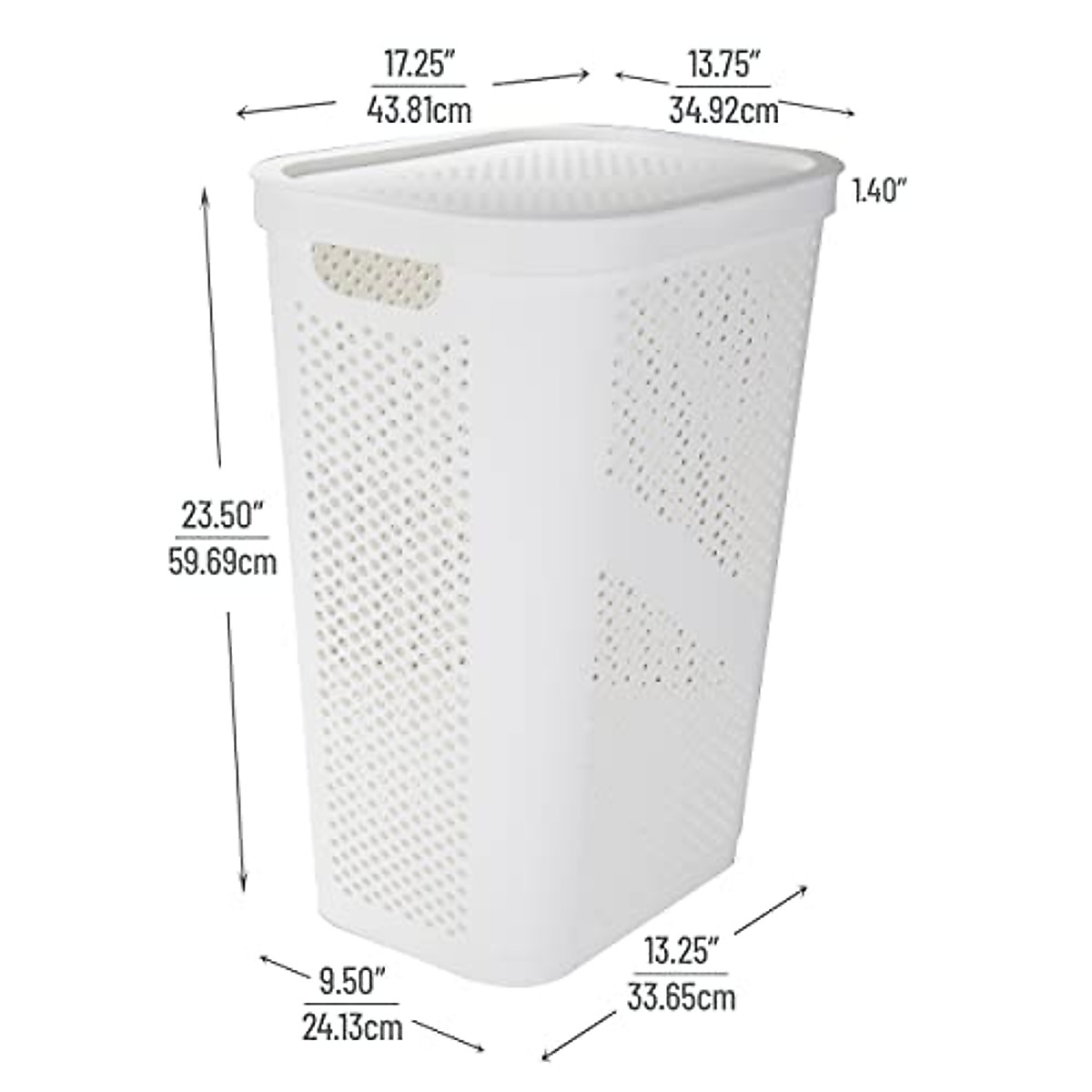 Mind Reader Basket Collection, Slim Laundry Hamper, 60 Liter (15kg/33lbs) Capacity, Cut Out Handles, Attached Hinged Lid, Ventilated, 13.75"L x 17.25"W x 23.5"H, White