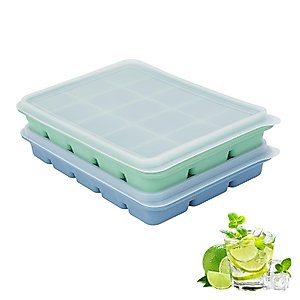 Ice Cube Trays with Silicone Lid, 15 Grid Square Ice Tray Easy Release Stackable Ice Cube Mold, 2 Pack (Grey Blue+Green)