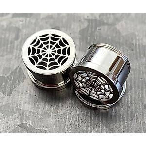 Lobal Domination PAIR of Spider Web Screw Fit Steel Tunnels Spiderweb Ear Plugs - 2g thru 1" (2g (6mm))