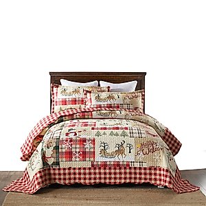 MarCielo 3 Piece Christmas Quilt Set, Rustic Lodge Deer Quilt Bedspread Throw Blanket Lightweight Bedspread Coverlet Comforter Set BY010 (King)