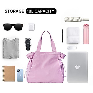 ilyswee Nylon Tote Bag for Women, Large Shoulder Bag Medium Hobo Bag, Lightweight Waterproof Gym Tote, 18L Side-Cinch Shopper Handbags for Work College Travel Casual, Purple Pink