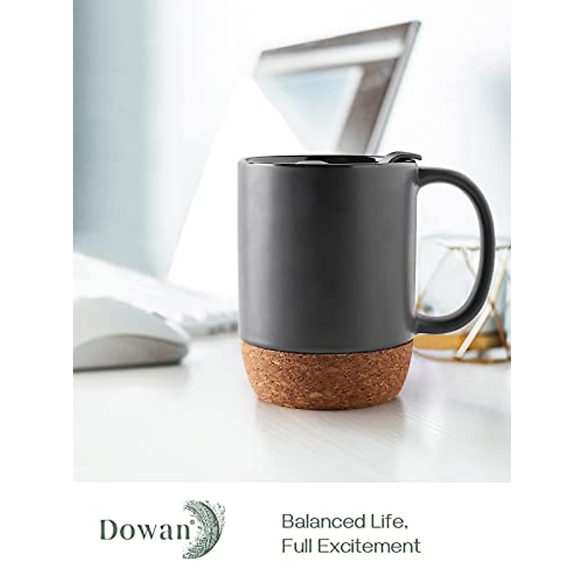 DOWAN Coffee Mugs, 15 oz Mug Set of 2, Large Ceramic Coffee Mug with Cork Bottom and Spill Proof Lid for Men, Women, Big Mug for Coffee Latte, Tea, Gifts for Graduation, Matte Grey