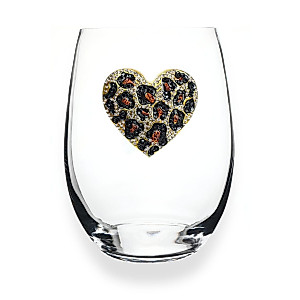 THE QUEENS' JEWELS Leopard Heart Jeweled Stemless Wine Glass, 21 oz. - Unique Gift for Women, Birthday, Cute, Fun, Not Painted, Decorated, Bling, Bedazzled, Rhinestone