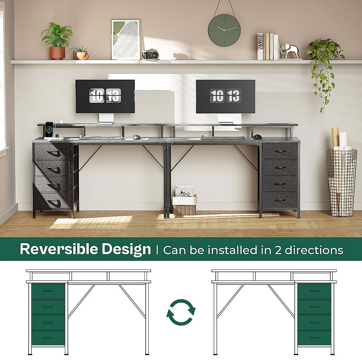 Huuger 47 Inch Computer Desk with Power Outlets and LED Lights, Gaming Desk with 4 Drawers, Office Desk with Monitor Stand, Study Desk Work Desk for Home Office, Small Spaces, Gray