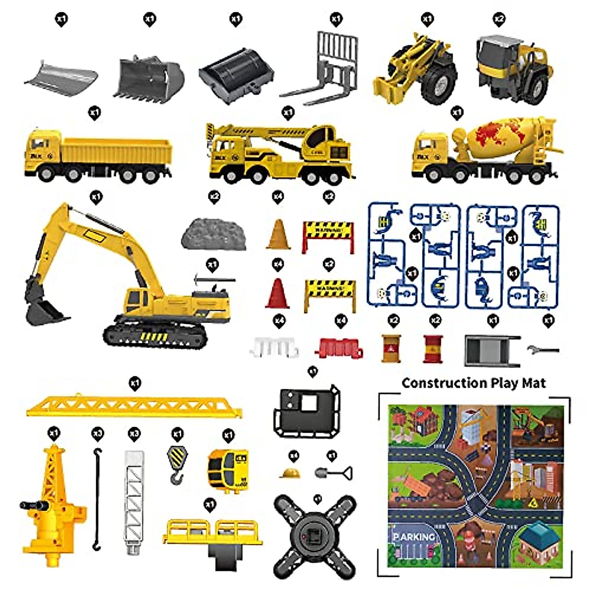 DOLIVE Construction Site Vehicles Toy with Mat, Crane Toy Tractor, Tower Crane Truck, Dump Trucks, Excavator, Cement Mixer Trucks, Kids Engineering Playset for 3+ Year Olds Boys Girls