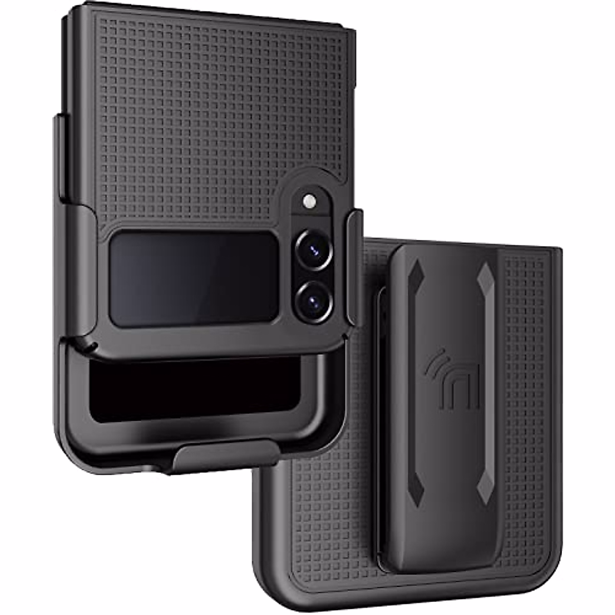 Case with Clip for Galaxy Z Flip 4 5G, Nakedcellphone [Grid Texture] Slim Hard Shell Cover and [Rotating/Ratchet] Belt Hip Holster Holder Combo for Samsung Z Flip4 Phone (SM-F721U, 2022) - Black