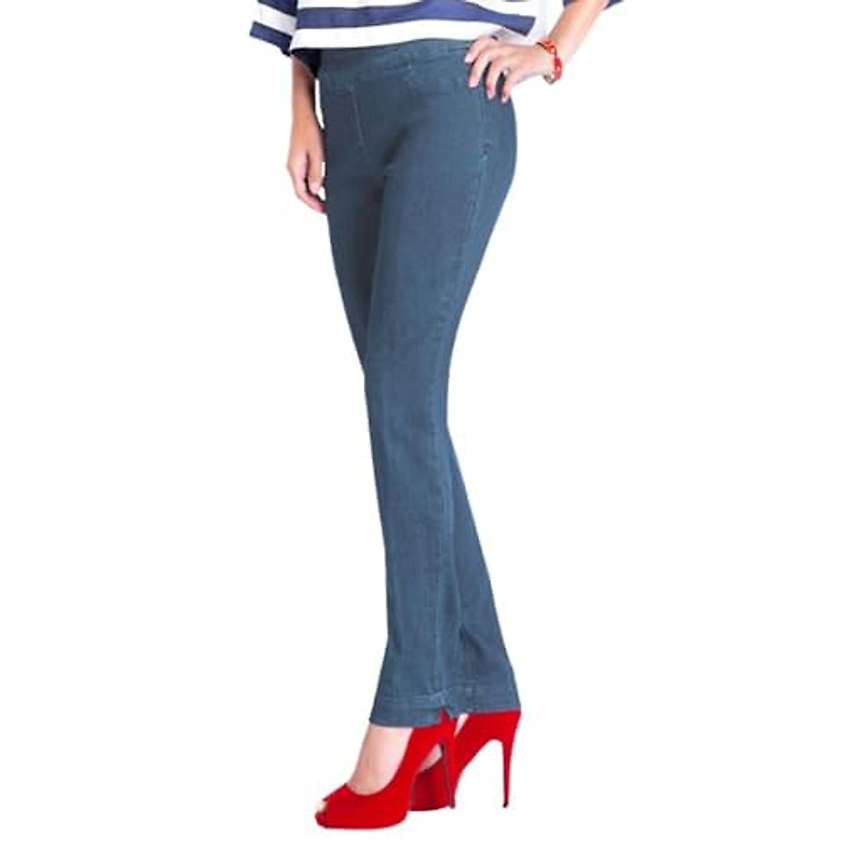 SLIM-SATION Women's Wide Band Regular Length Pull-on Straight Leg Pant with Tummy Control, Denim, 12