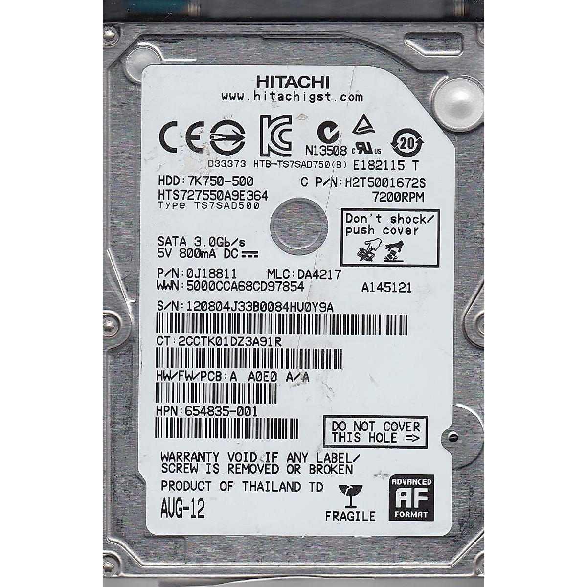 HTS727550A9E364, PN 0J18811, MLC DA4217, Hitachi 500GB SATA 2.5 Hard Drive (Renewed)