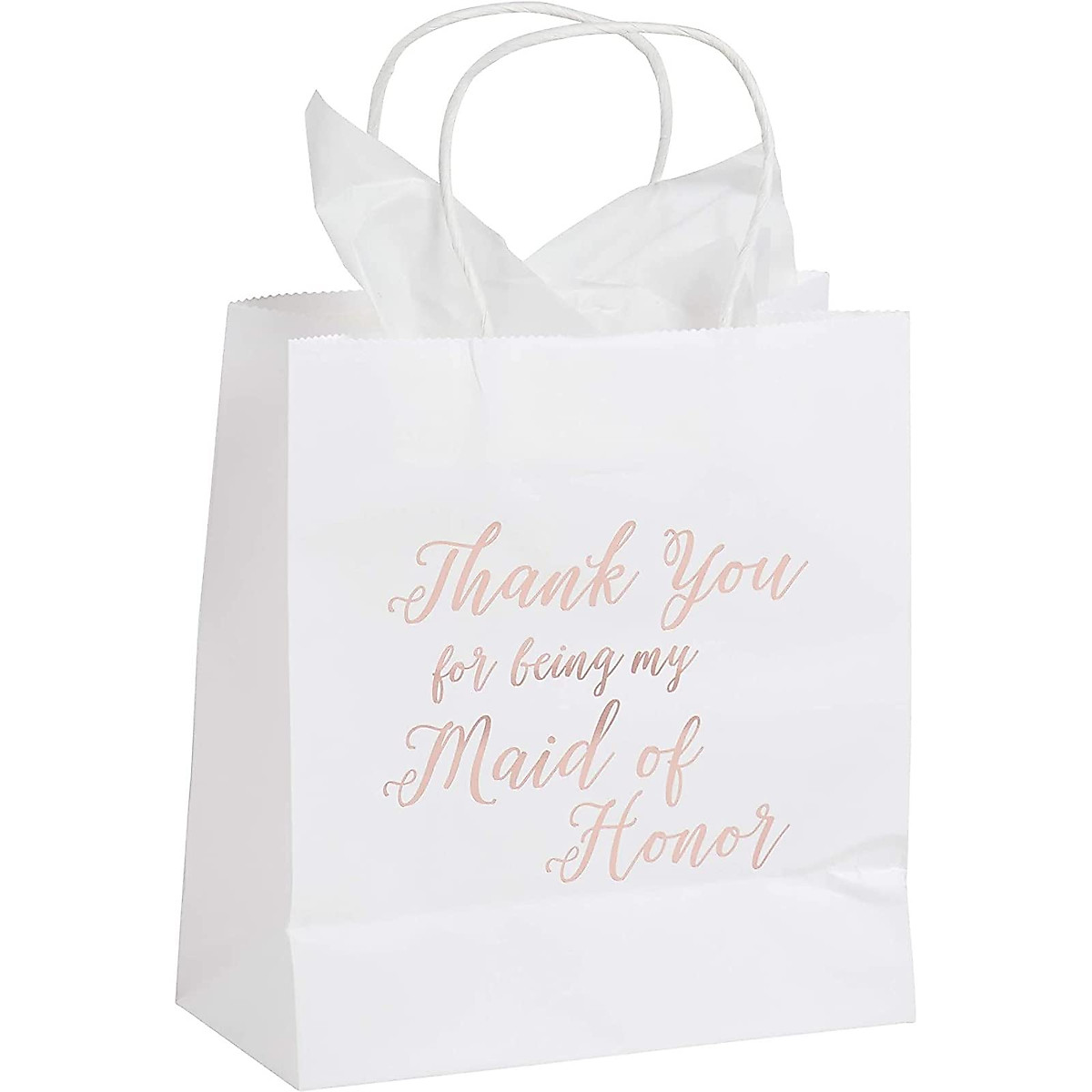 Juvale 11 Bridesmaid and 1 Maid of Honor Thank You Paper Gift Bag, Rose Gold Foil Text, Includes 20 Sheets of Tissue Paper, Perfect for Bridal Party Favors, White, 9 x 8 x 4 Inches