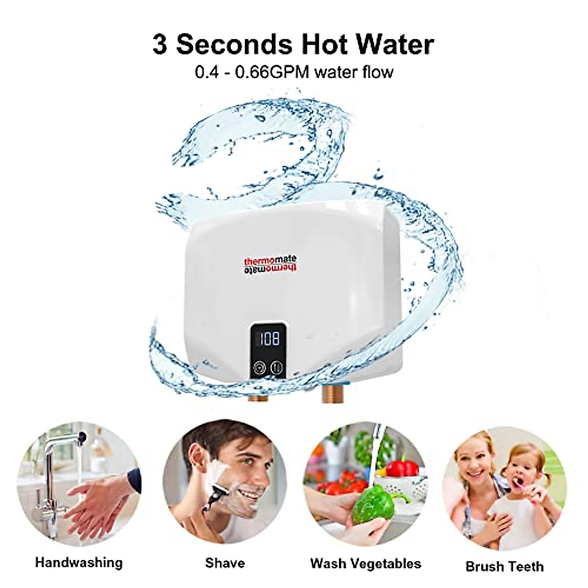 Tankless Water Heater Electric, thermomate 3.5kW 120V Hard Wired Point of Use On Demand Hot Water Heater Self Modulating ET035 (NO PLUG) (White)