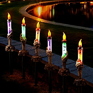 Halloween Solar Candle Light Stakes, 6 Pcs Skeleton Hands Hold Lighted Candle Paito Decor Pathway Makers, Waterproof Light Up Figurine for Outdoor Indoor Halloween Party Decorations