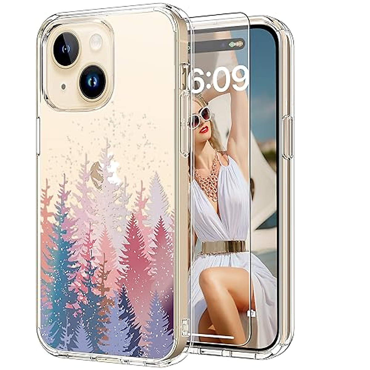 ICEDIO for iPhone 15 Case with Screen Protector-Clear with Fashionable Trendy Patterns-Designed for Girls and Women-Slim Fit Cover-Protective Phone Case 6.1" Cute Trees Floral Flower