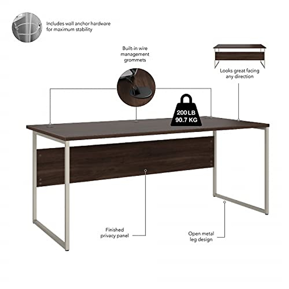 Bush Business Furniture Hybrid Computer Table Desk with Metal Legs, 72W x 36D, Black Walnut