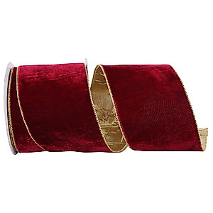 Reliant Ribbon 93204W-996-10F Velvet Plush Gold-Back Wired Edge, Wine/Gold, 4 Inch, 10 Yards