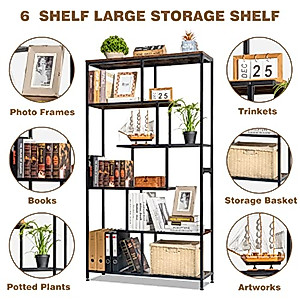 Tektalk Bookshelf，Rustic 6 Open Shelves Bookcase, Standing Book Shelf Display Bookshelves Storage Organizer Rack for Bedroom Living Room Home Office - Brown