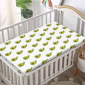 Avocado Themed Fitted Mini Crib Sheets,Portable Mini Crib Sheets Toddler Bed Mattress Sheets-Great for Boy or Girl Room or Nursery, 24“ x38“,Yellow Green Pale Redwood Fern Green and Earth Yellow