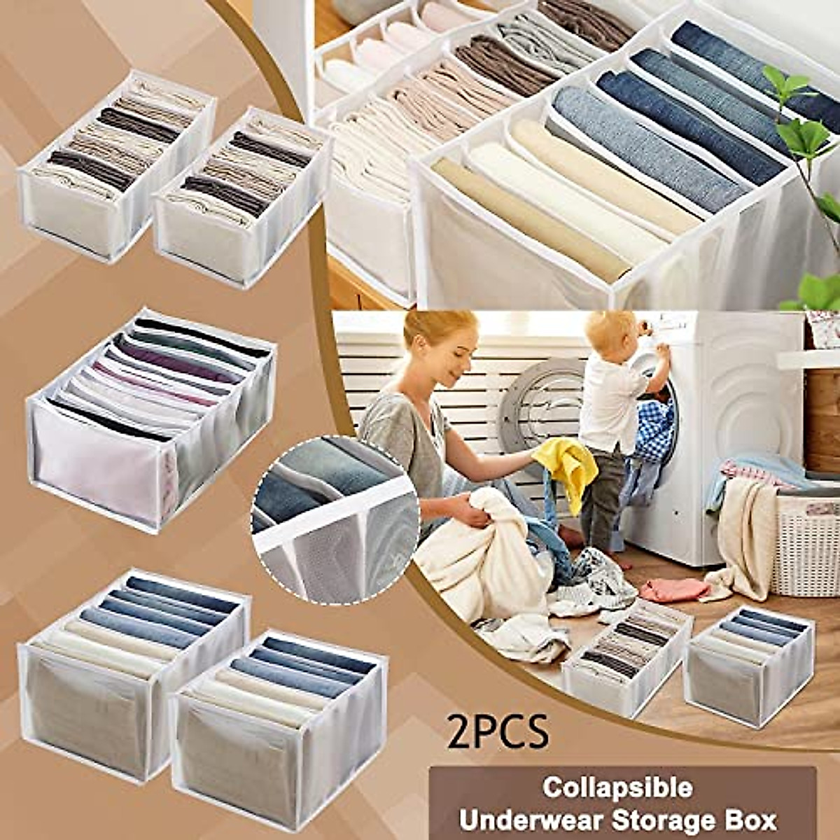 DacDark Wardrobe Clothes Organizer 2 Pcs, 7 Grids Leggings Compartment Storage Box Closet, Folding Drawer For Clothing Mesh Separation, Transparent Divider For Stacking Pants Organizer