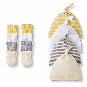 Moon and Back by Hanna Andersson Baby 4-Pack Organic Cotton Cap and Mitten Set, Yellow, 0-3 months